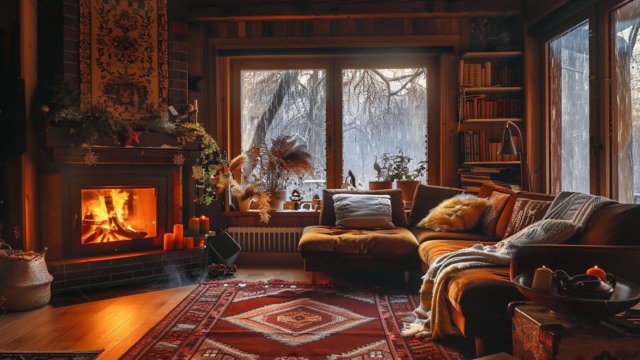 Luxurious Cozy Living Room Room In Rainy Ambience | Crackling Fireplace ...