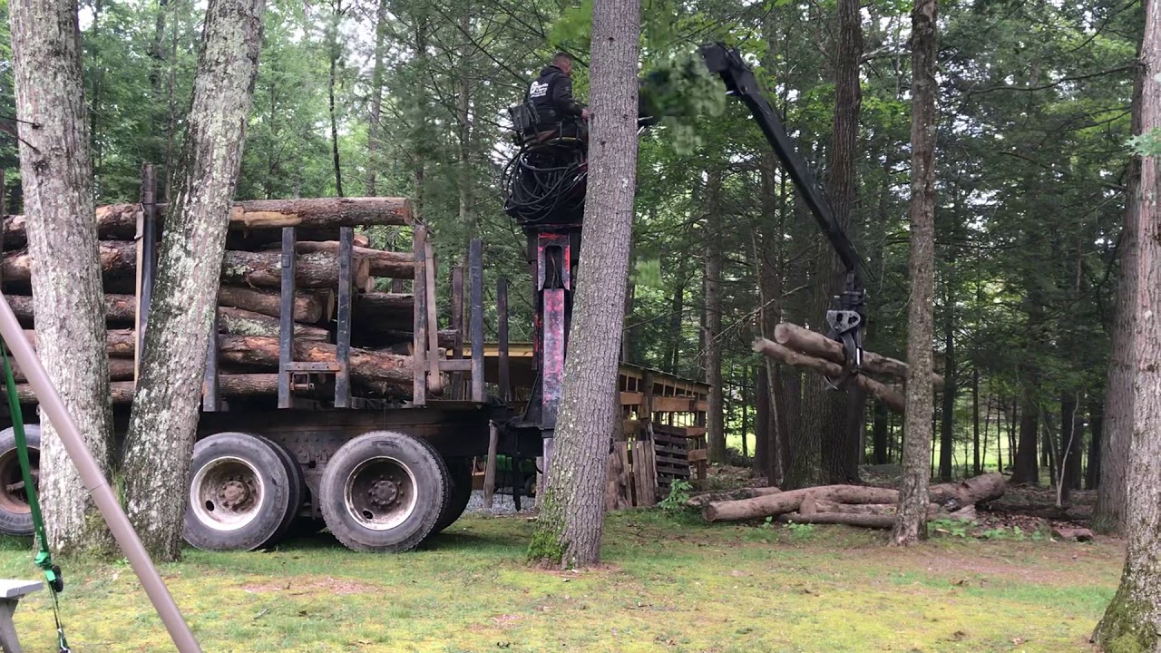 Hydraulic grapple truck delivers logs - YouTube