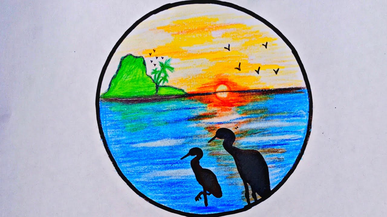 Easy Sunset Scenery Drawing | Circle Drawing | Drawing For Beginners ...