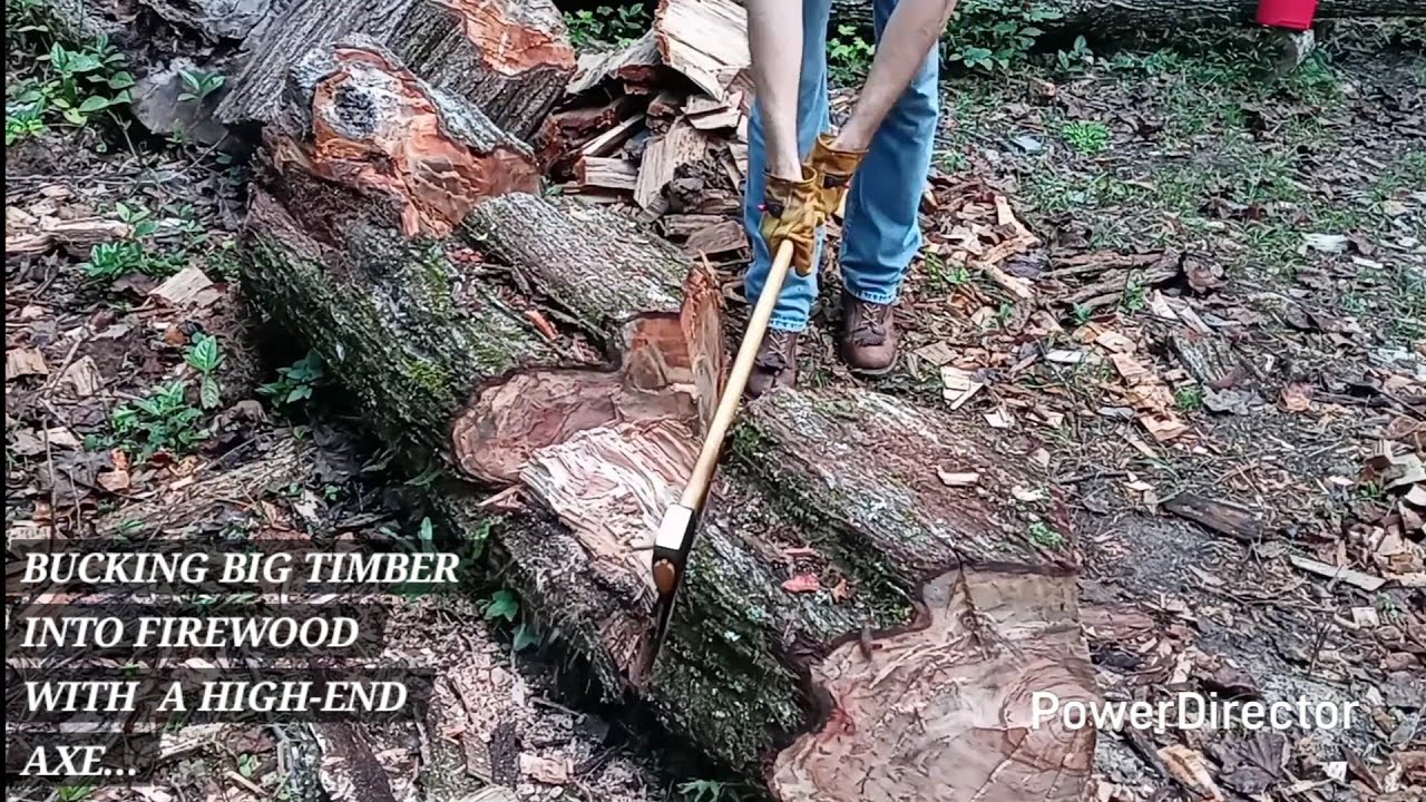 Bucking big timber with a high-end axe into firewood - YouTube