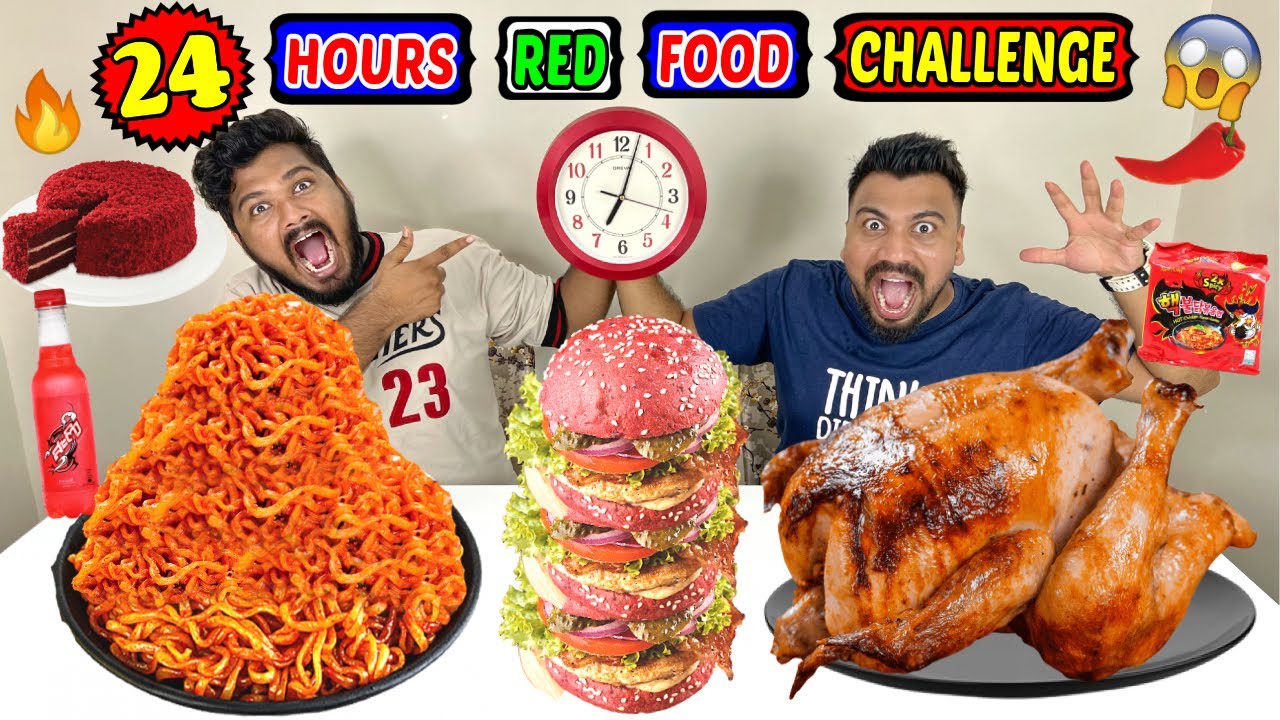 24 HOURS RED FOOD CHALLENGE🔥 LIVING ON RED FOOD FOR 24 HOURS😱 (Ep-492 ...