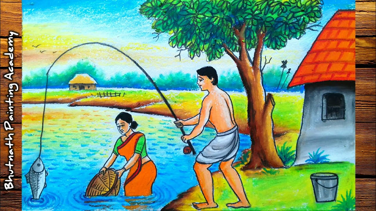how to draw easy scenery of fisher man with pastel color - YouTube