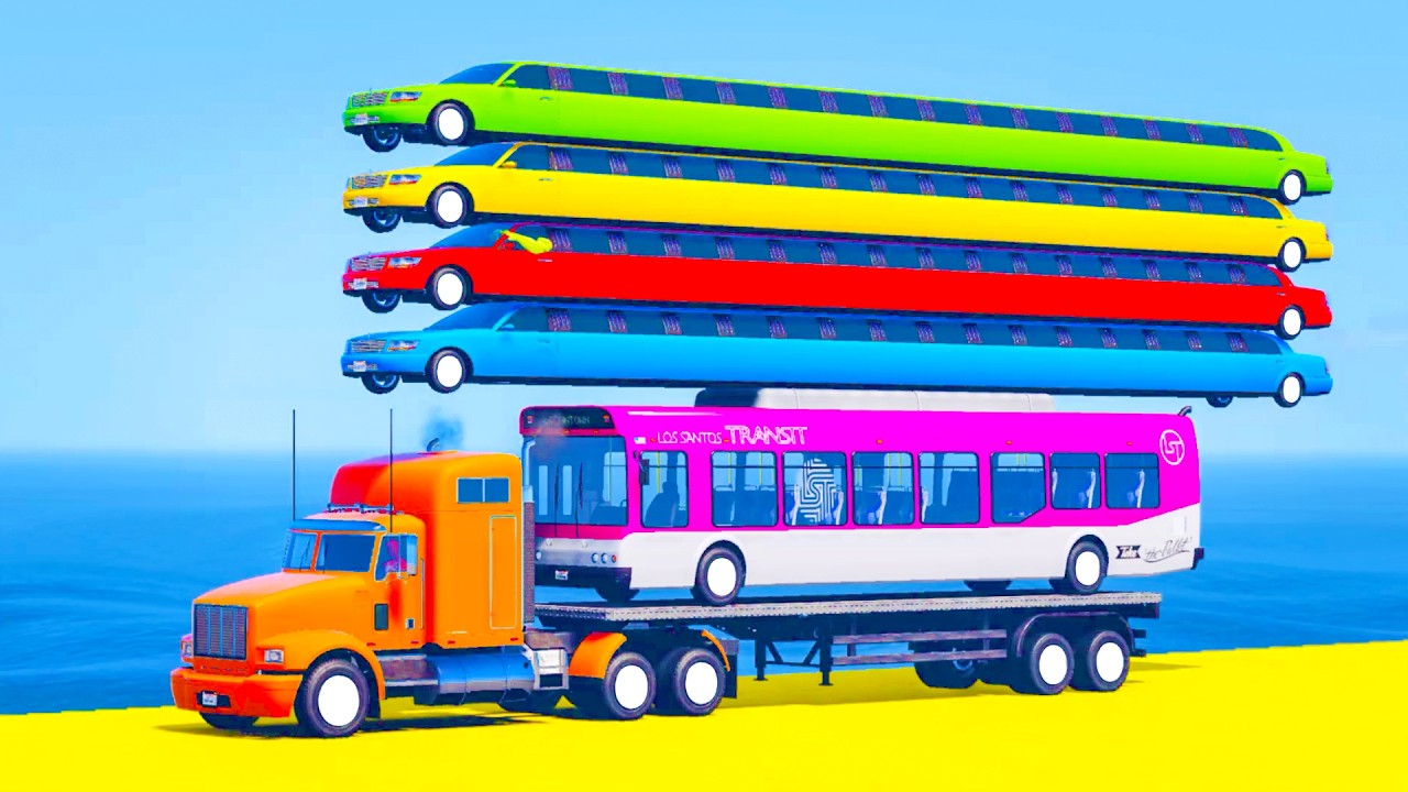 Rainbow Limo Cars + Bus on a Truck?! Ultimate GTA 5 Mod Crazy ...