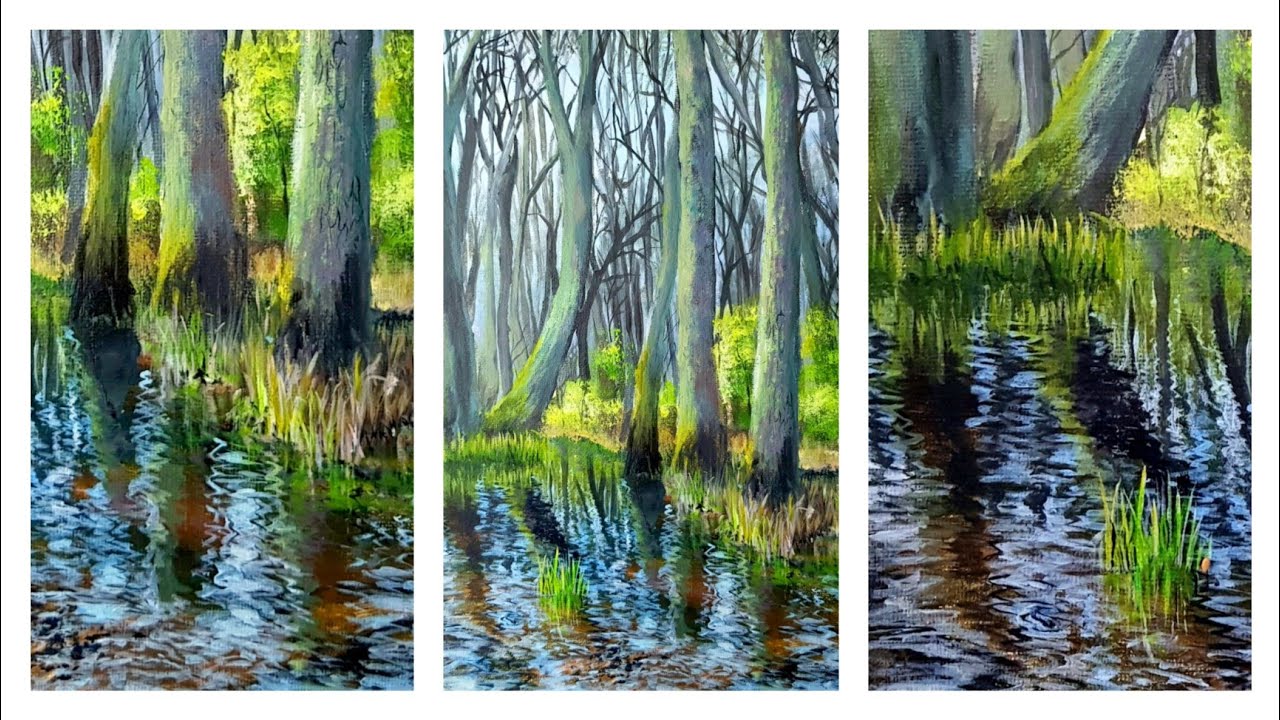 Lake in the forest - water painting tutorial | Acrylic timelapse - YouTube