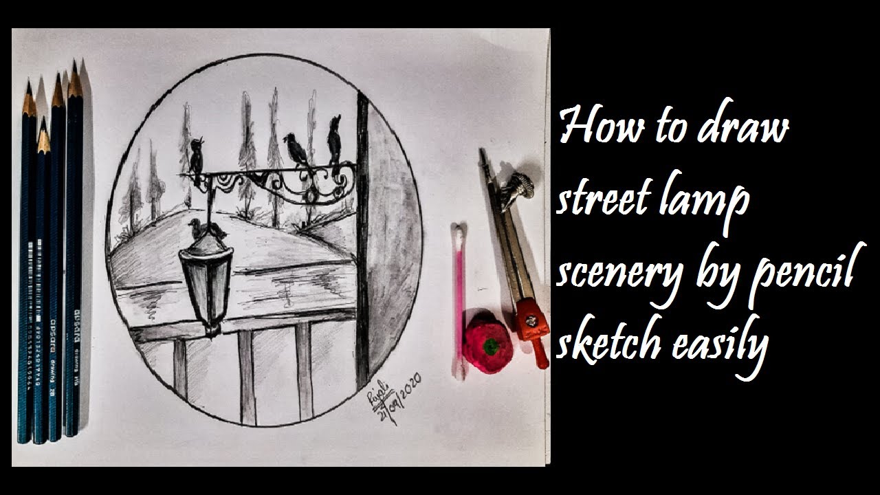 How to draw street lamp scenery by pencil sketch easily - YouTube