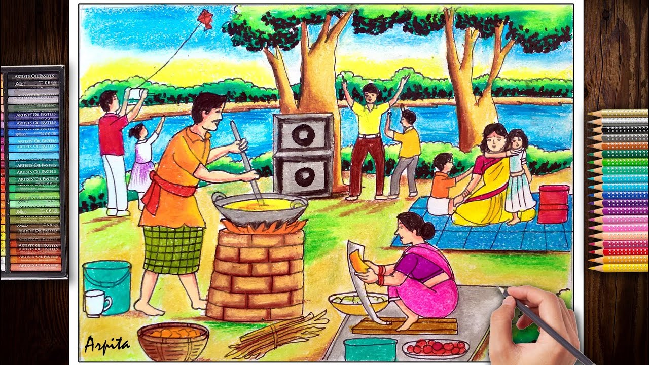 How To Draw A Family Picnic Scenery With Oil Pastel | Picnic drawing ...