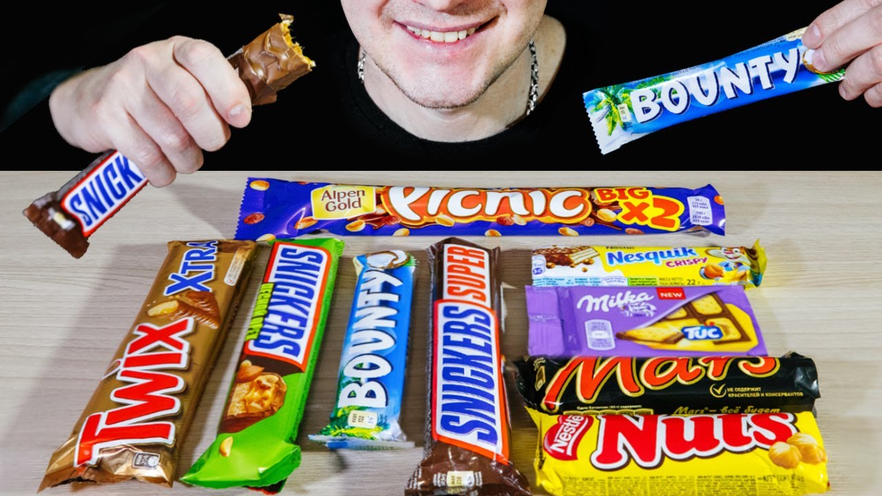 ASMR CHOCOLATE CANDY BAR EATING (SNICKERS, MARS, NUTS, MILKA, BOUNTY ...