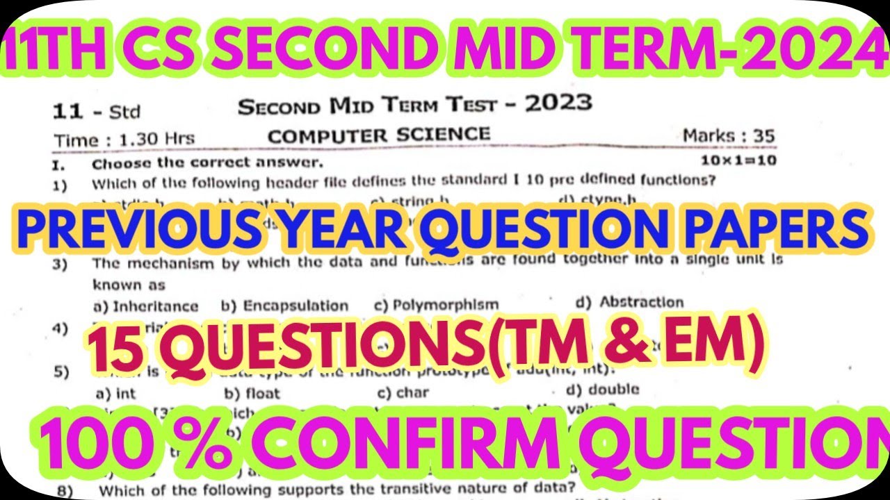 11Th Std Computer Science Second Mid Term -2024-Original Question Paper ...