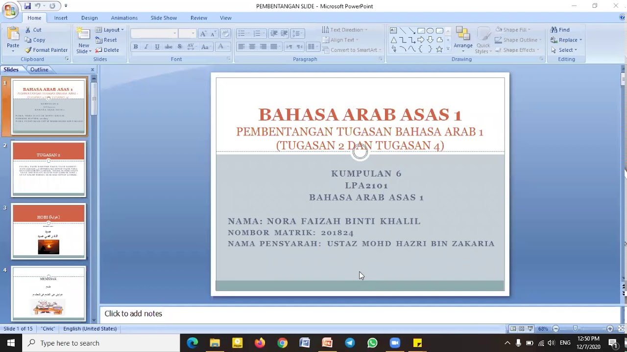 NORA FAIZAH BINTI KHALIL / 201824 / KUMPULAN 6 BAHASA ARAB ASAS 1 ...