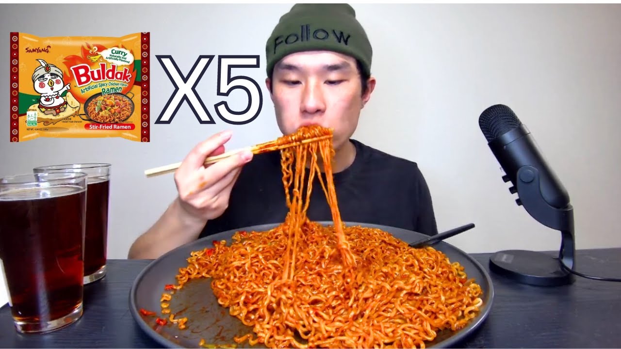 Eating 5 packs of Buldak curry flavor fire noodles! - YouTube