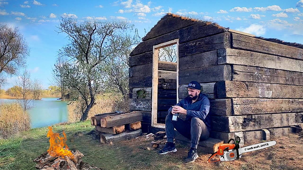 Building of Fisherman's hut with sleepers | Bushcraft by the Lake - YouTube