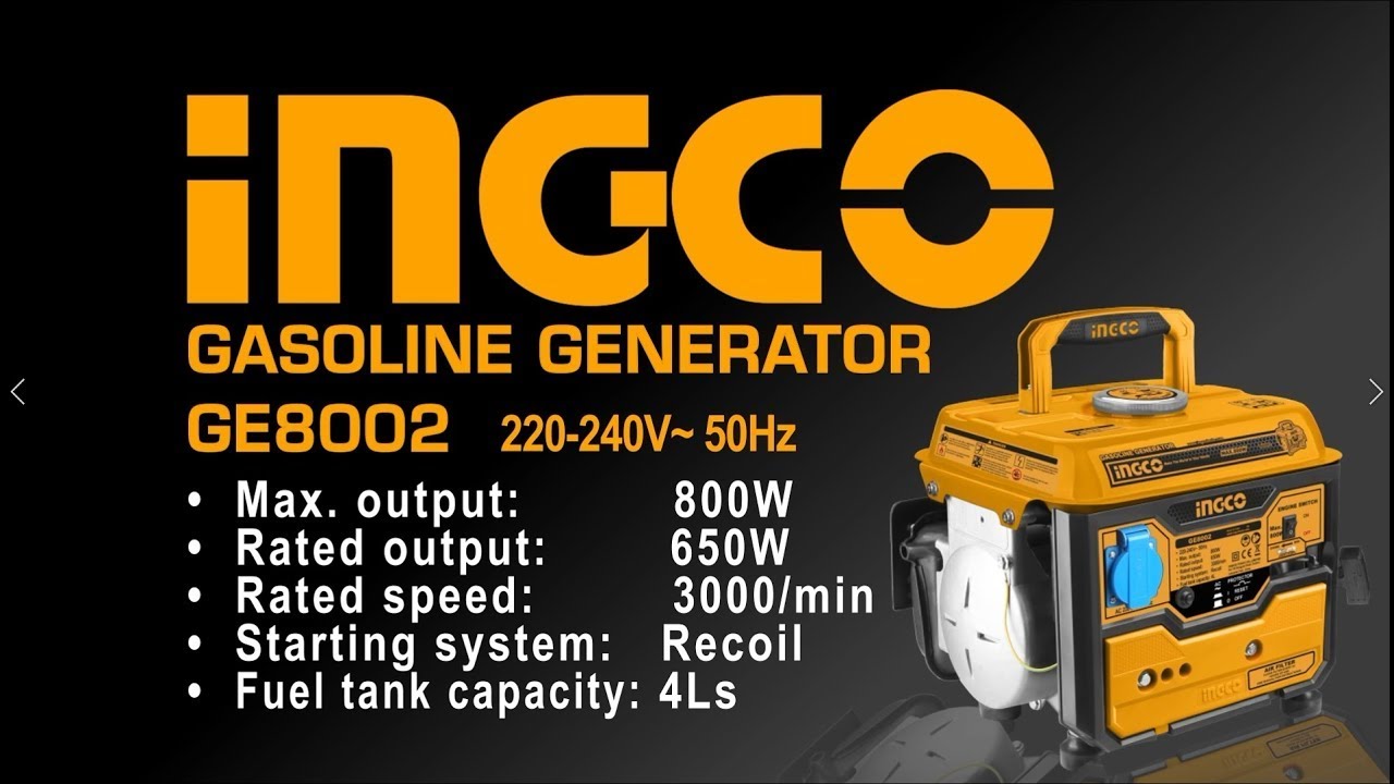 INGCO PORTABLE GASOLINE GENERATOR 800W RATED 650W GE8002 - YouTube