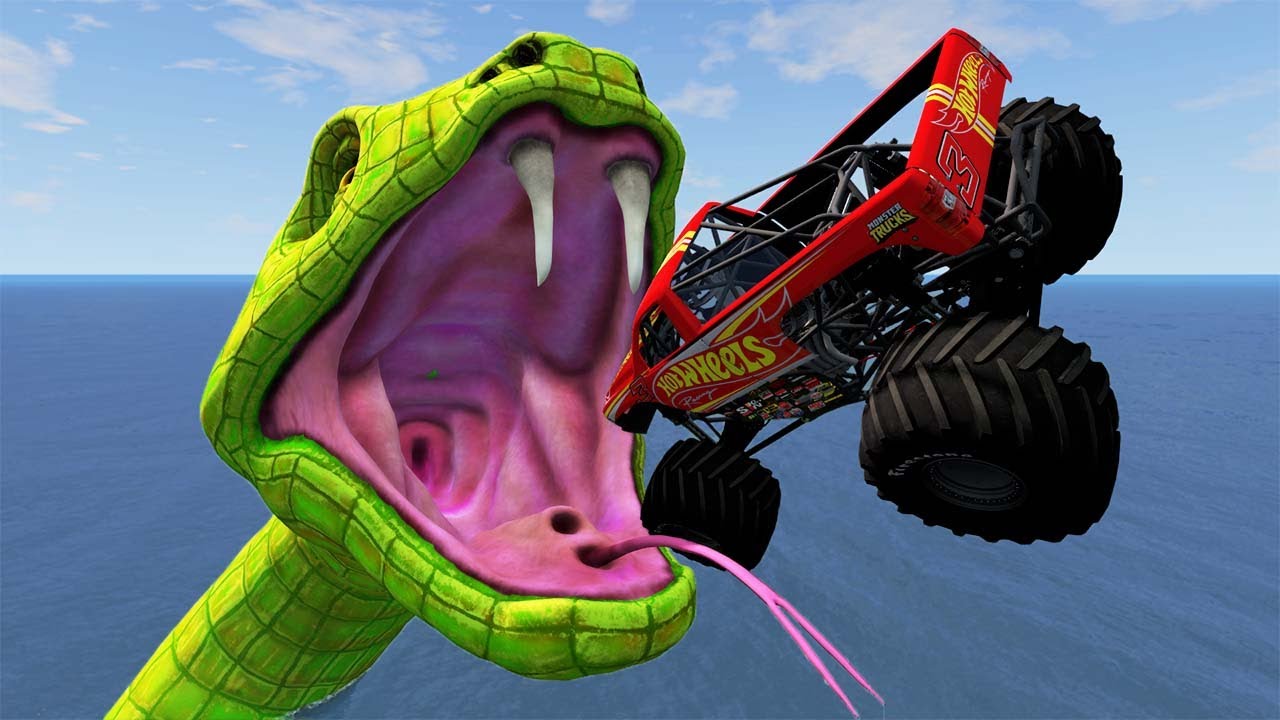BeamNG Drive Fun Madness #01 Crazy Vehicle Huge Jumps Into Giant Snake ...