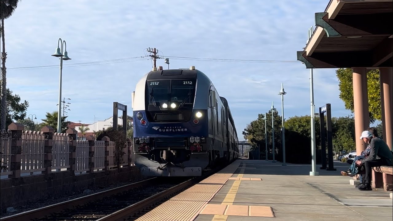Amtrak 2112 leads Amtrak 774 passed Carlsbad Village California - YouTube
