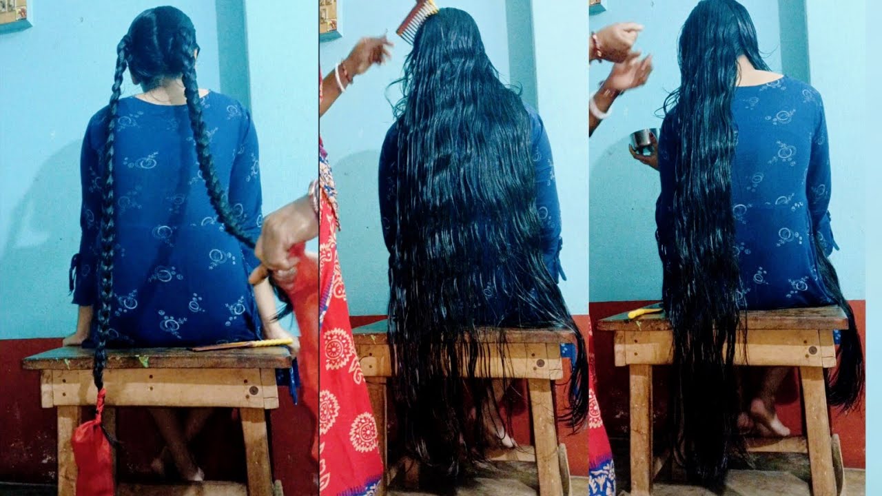 long hair heavy oiling and making double braided ponytail hairstyle ...