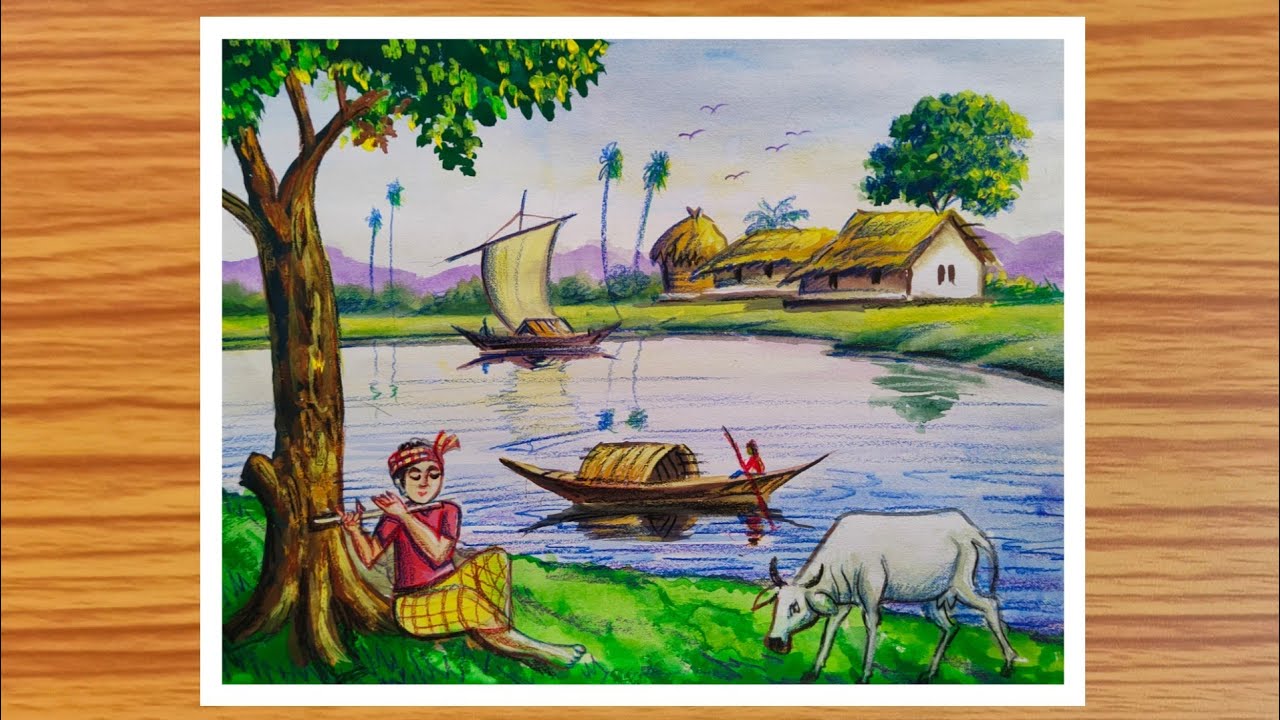 How to draw a Beautiful Village Scenery with human figure | Drawing for ...