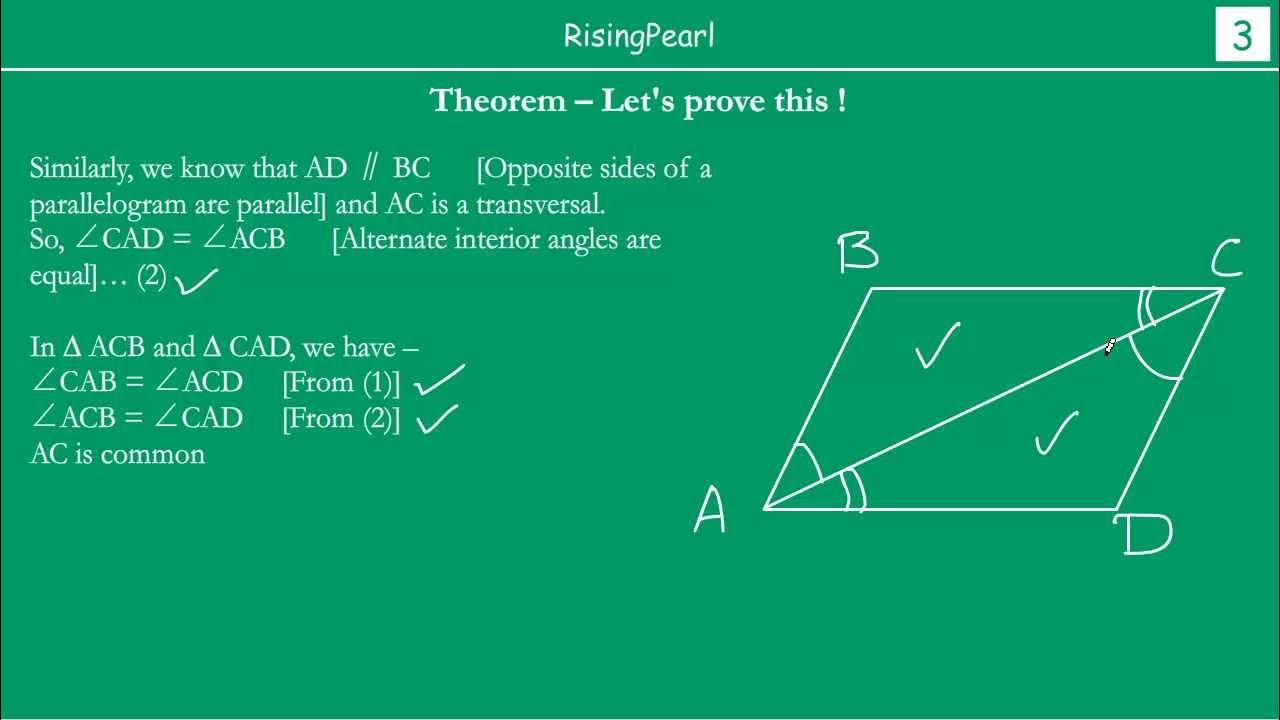Diagonal divides parallelogram into two congruent triangles (Theorem and Proof) - YouTube