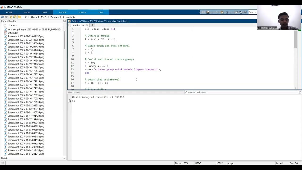 Penyelesaian fungsi Integral Dengan Aturan Simpson Komposit Pada Matlab - YouTube