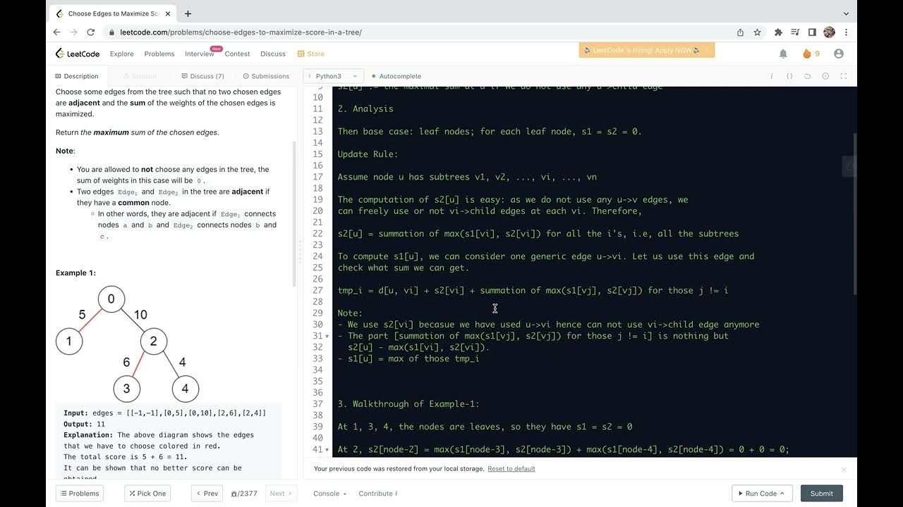 Leetcode 2378. Choose Edges to Maximize Score in a Tree - graph and ...
