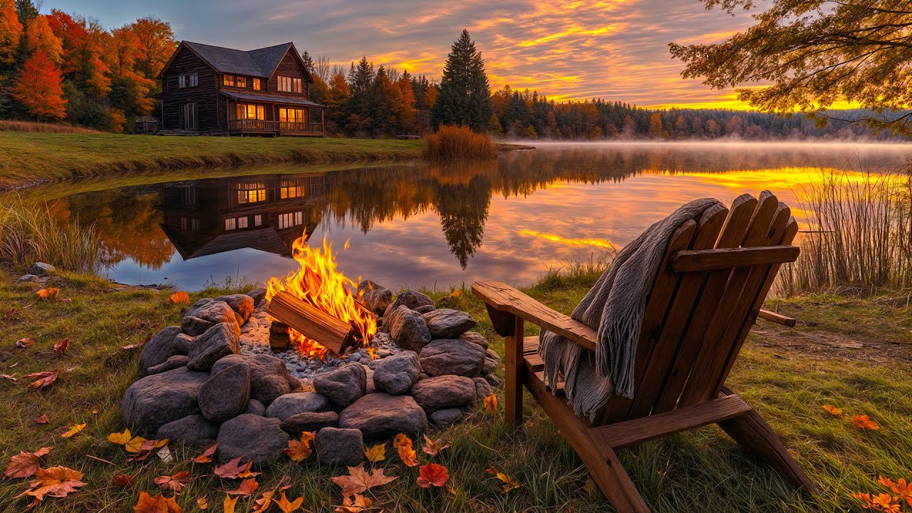 Perfect Autumn Ambience 🍂🔥 Crackling Campfire by the Lake | Gentle Fall ...