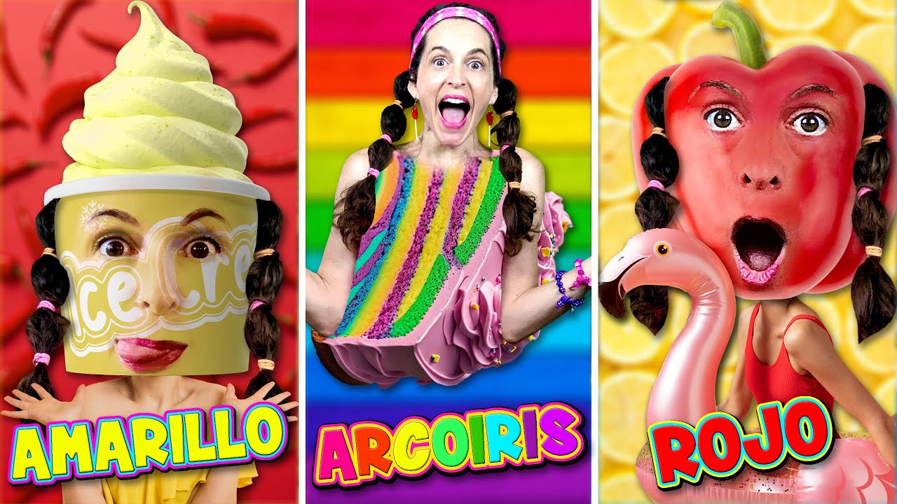 🤢 24 horas comiendo ARCOIRIS 🌈 AMARILLO y ROJO 😋 RETO probando COMIDA ...