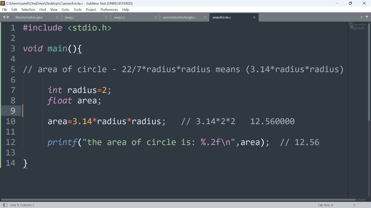 Find Area of Circle in C | Write a program to find area of circle in C ...