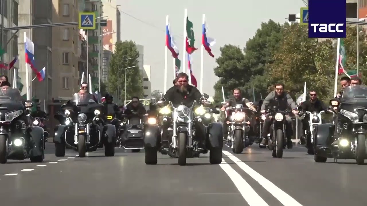 Ramzan Kadyrov together with members of the Night Wolves motorcycle ...
