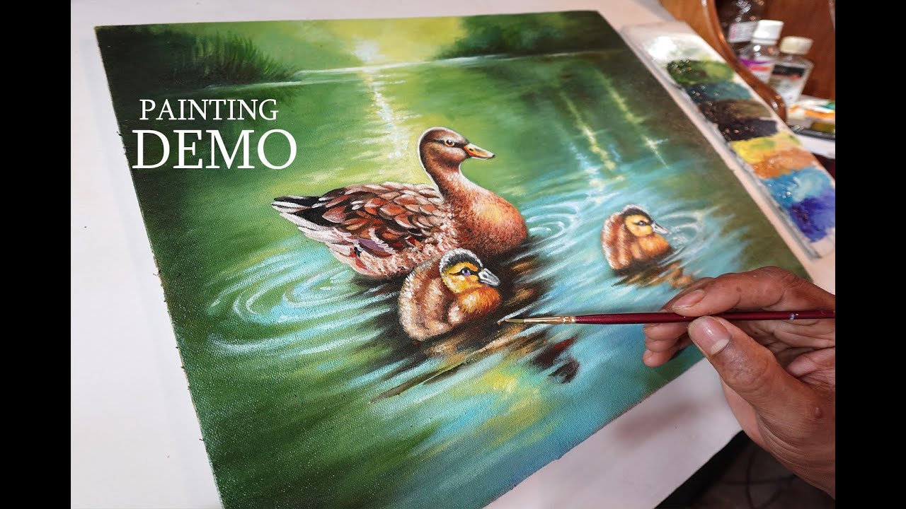 OIL PAINTING-Nature Scenery With Duck & Duckling - Semi realistic - YouTube