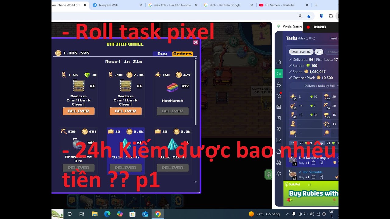 Pixels 2.5.6 Thử thách 24h kiếm tiền từ việc chơi game Roll task pixel ...