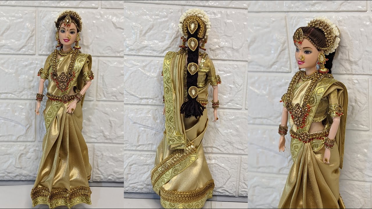 Golden Gorgeous Barbie doll saree draping | South Indian saree ...