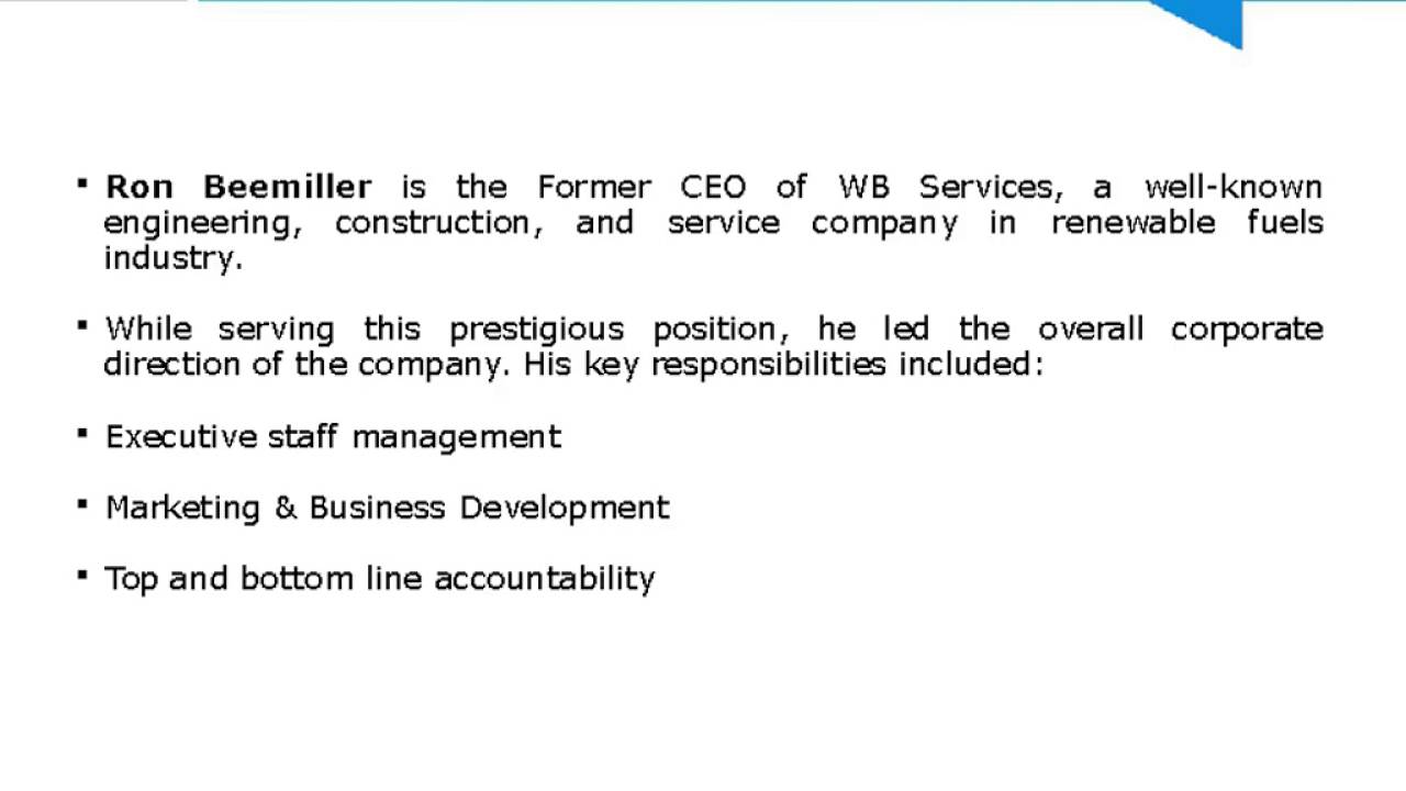 Ron Beemiller Is the Former CEO of WB Services - YouTube