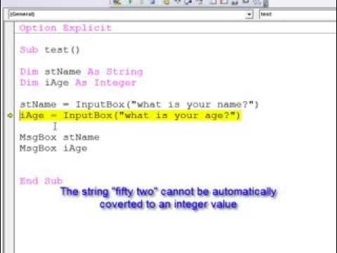 12. Introduction to Programming with VBA - InputBox Implcit Data Type Conversion - YouTube
