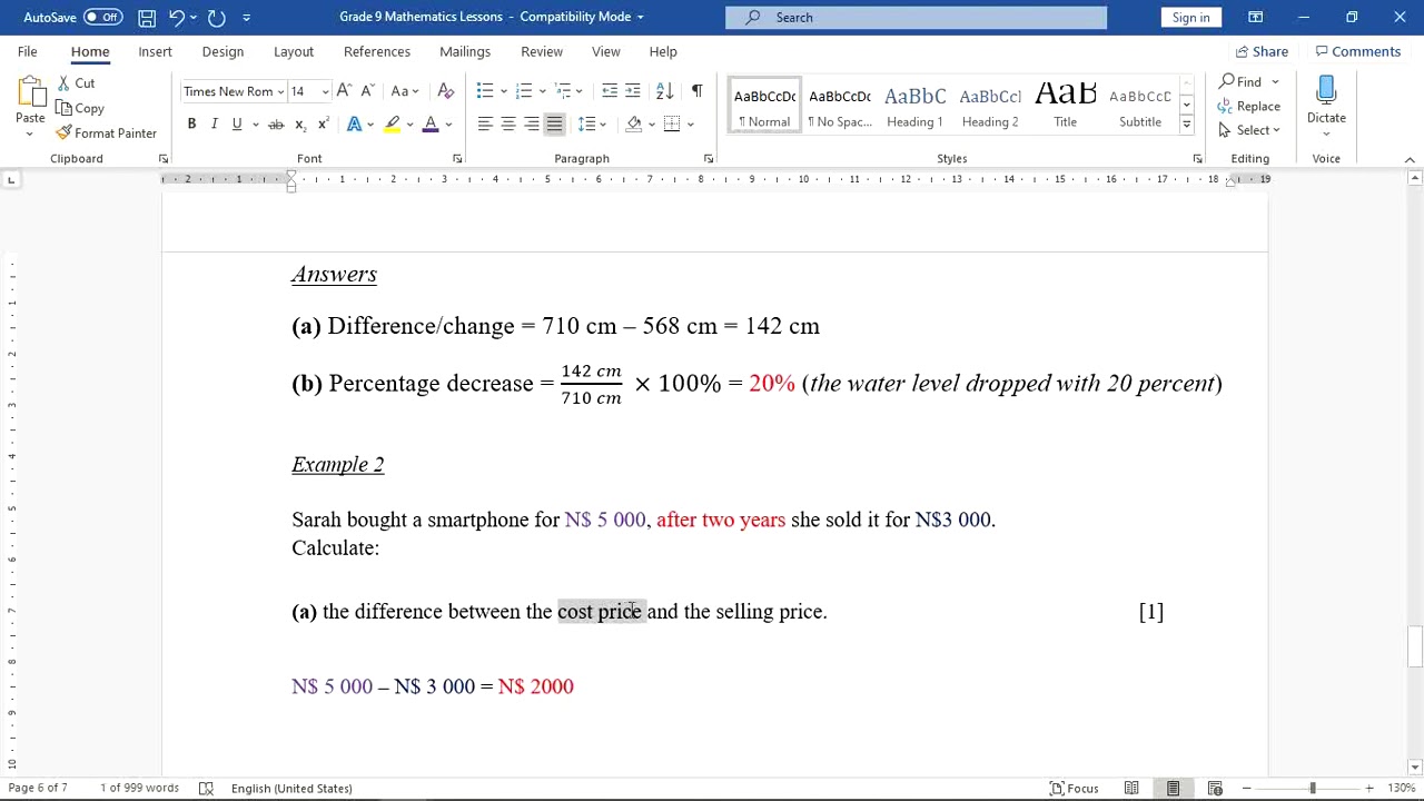 LESSON 12, HOW TO CALCULATE PERCENTAGE INCREASE OR DECREASE, GRADE 9 ...