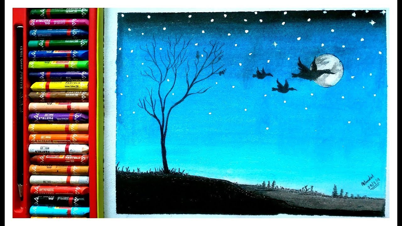 How to draw a silver moonbeam scenery with oil pastel step by step ...