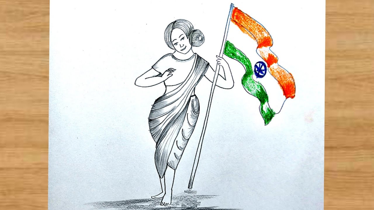 How to draw a girl holding Indian flag || independent day drawing easy ...