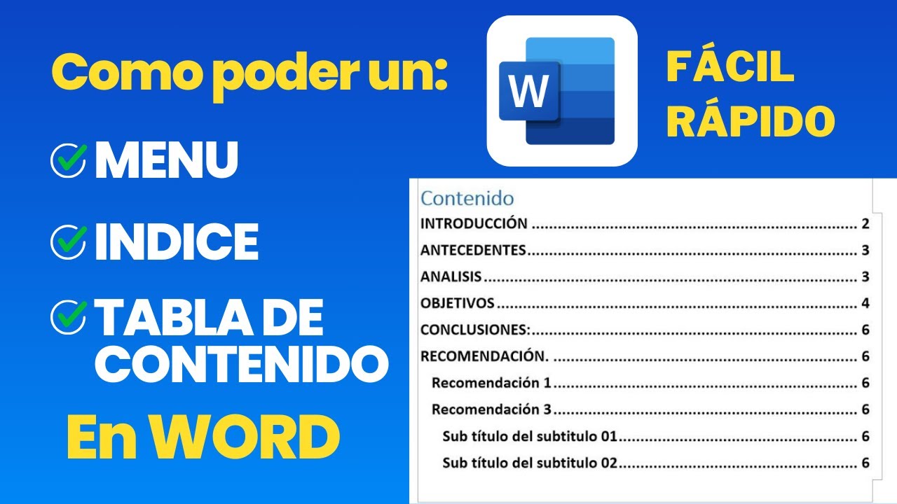 WORD: Como hacer un INDICE - MENU - TABLA DE CONTENIDO en WORD - Fácil ...