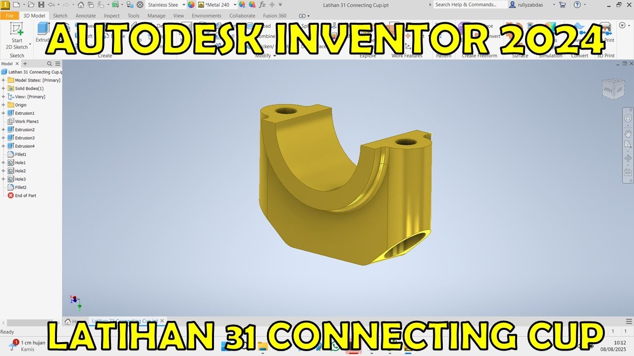 Latihan 31 Tutorial Autodesk Inventor 2024 Membuat Connecting Cup By ...