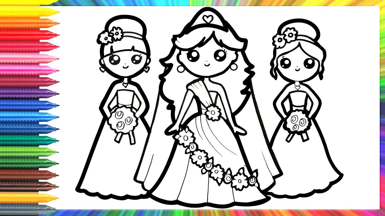 How to draw a bride with bridesmaids for children/Cómo dibujar una ...