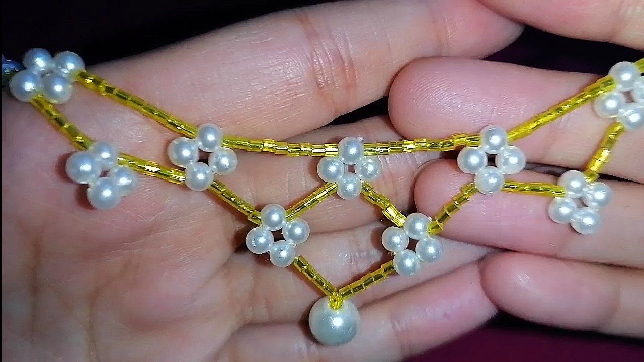 DIY Beaded Lace Necklace with Pearls and Seed Beads. How to Make Beaded ...