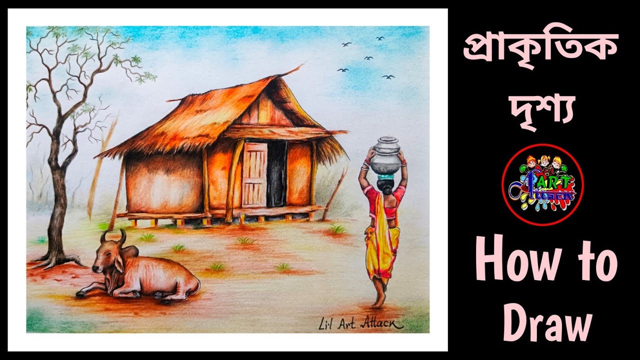 How To Draw a Realistic Village // Village Scene Painting Easy - YouTube