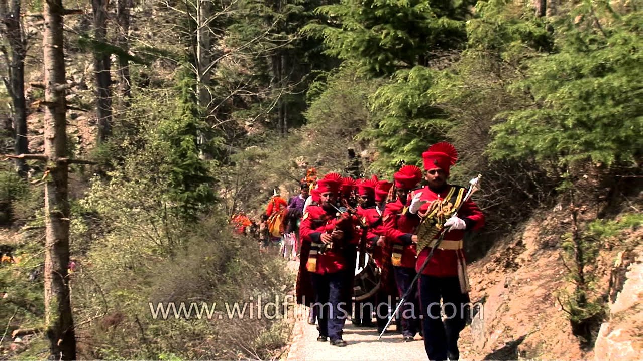 Army Band of Garhwal Rifles in the mountains of Garhwal, accompanying ...