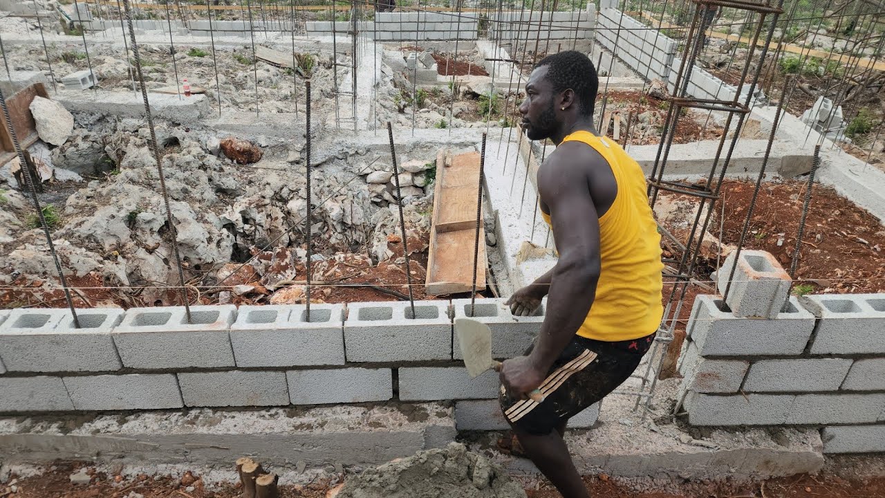 Laying 6-inch Concrete Blocks For Wall Construction In Jamaica - YouTube