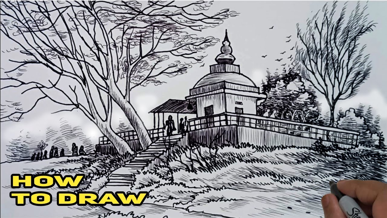How to Draw Temple in Nature by pen drawing and sketch. - YouTube