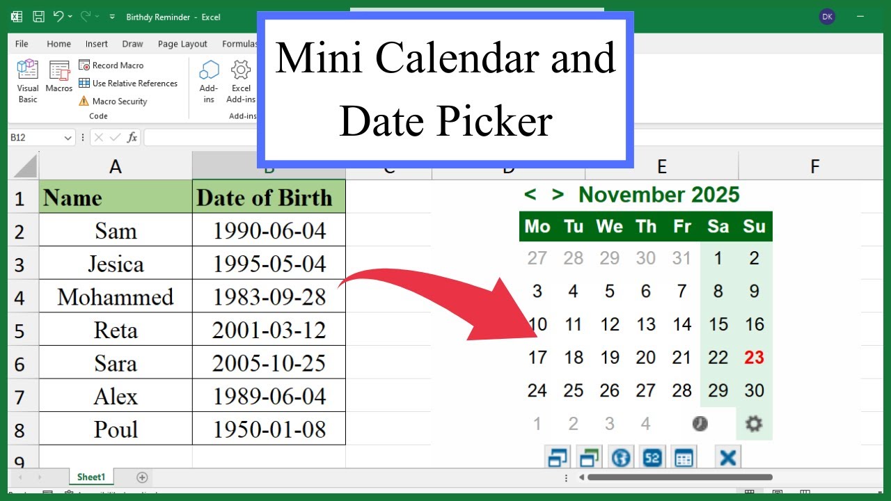 Insert Mini Calendar and Date Picker in Excel - YouTube