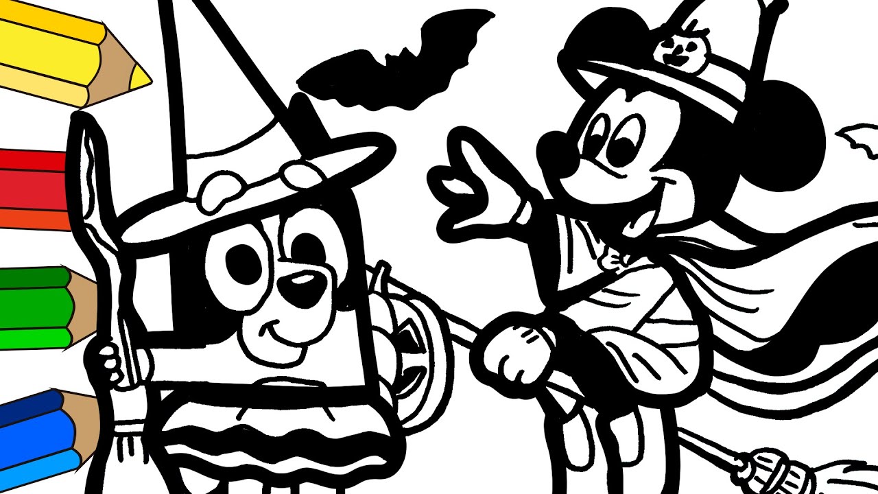 🟠 Drawing Bluey HALOWEEN Costume Fun and Muffin and Mickey Mouse🎃Bluey ...