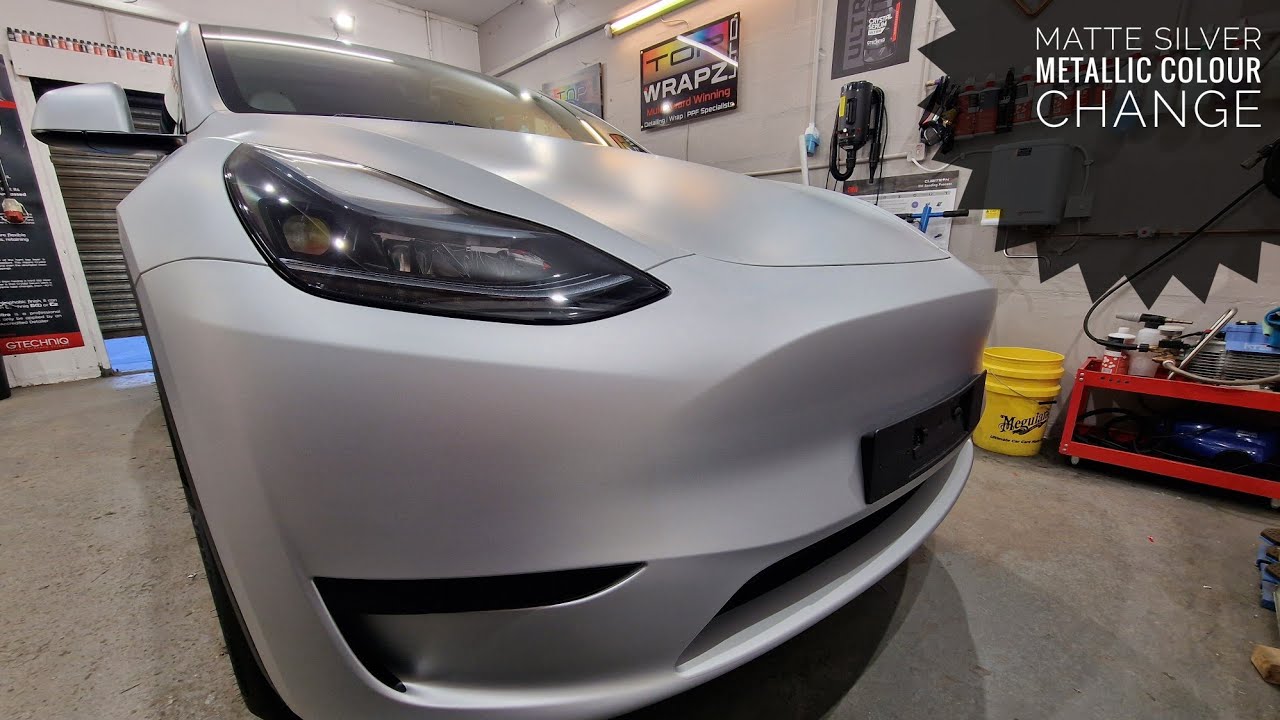Tesla Model Y Matte silver metallic vinyl wrap VLOG + mods = SUPER ...