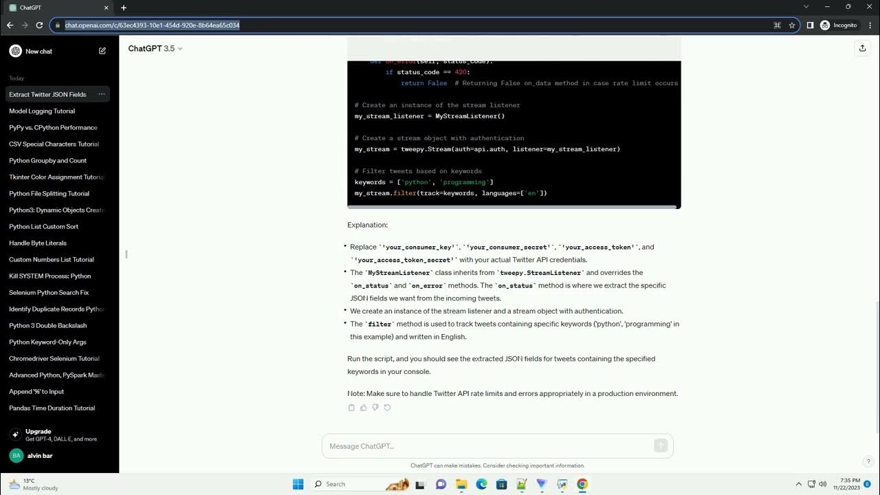 Extract specific JSON field from Twitter streaming API using Python - YouTube