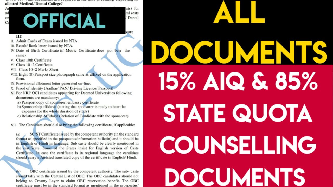 NEET 2022 Counselling All Required Documents For 15% AIQ & 85% State ...
