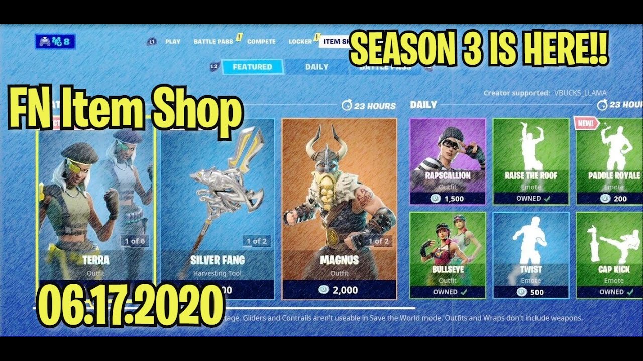 FN Item Shop 06.17.2020. SEASON 3 IS HERE AND SEASON AND BATTLE PASS ...