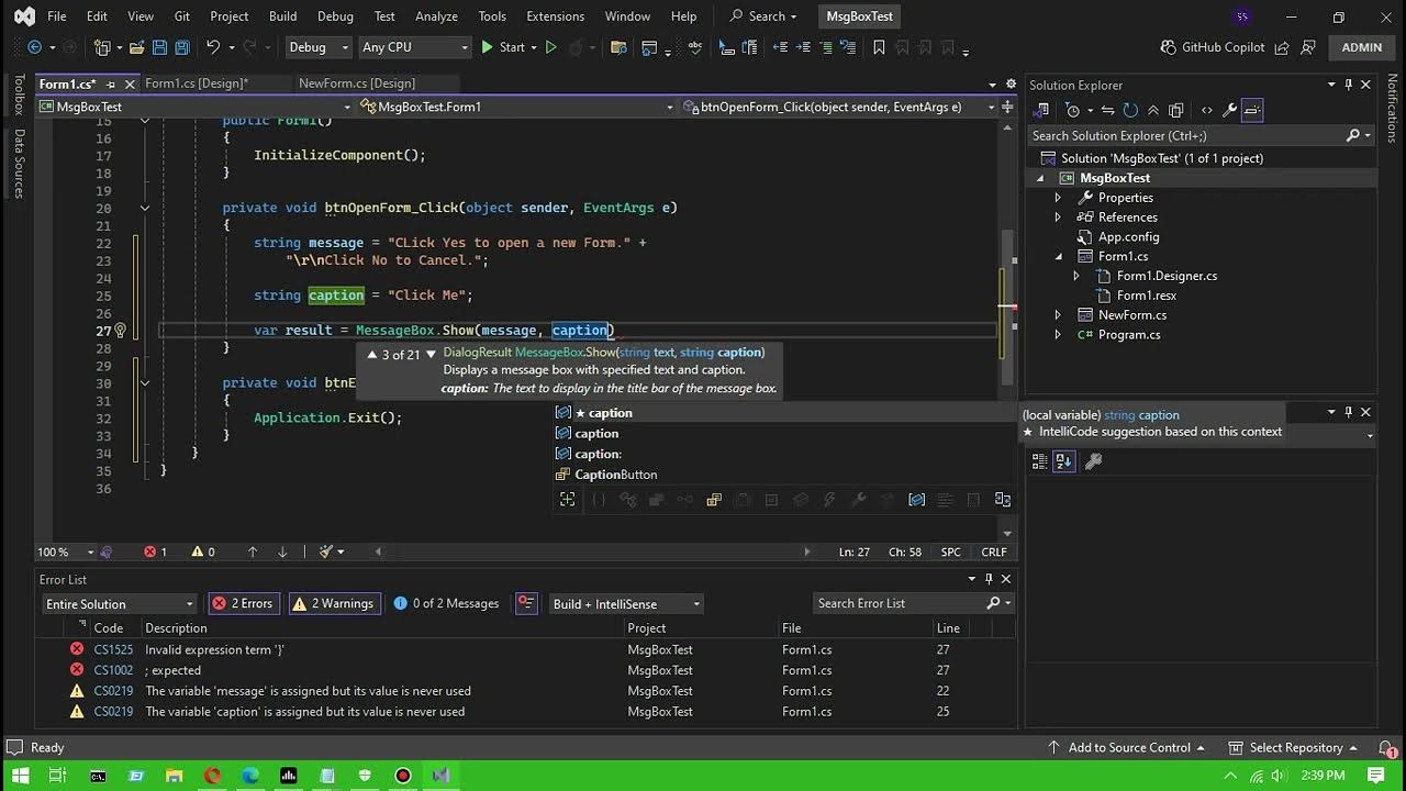 Creating a Windows Forms MessageBox in Visual Studio - YouTube
